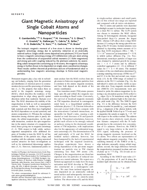 (PDF) Giant Magnetic Anisotropy of Single Cobalt Atoms and Nanoparticles
