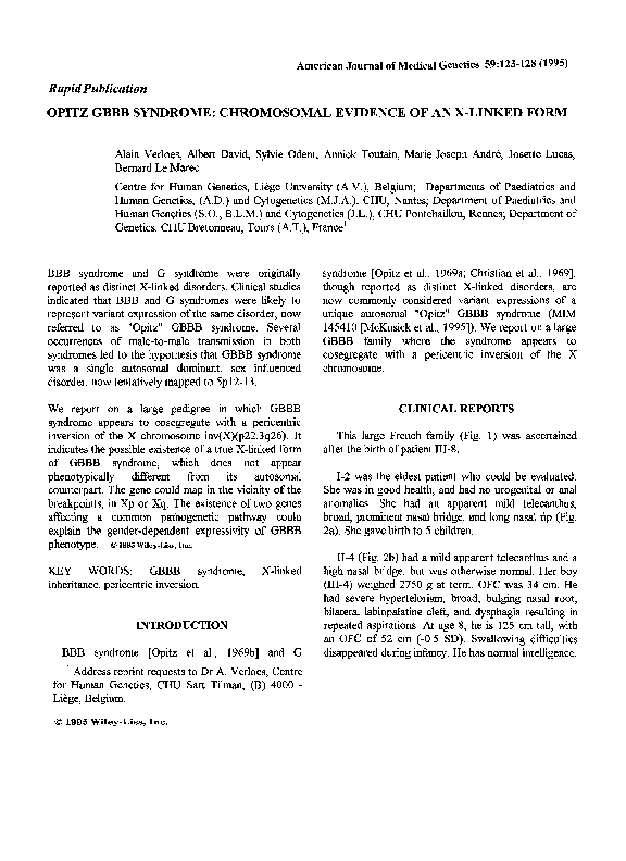 (PDF) Opitz GBBB syndrome: Chromosomal evidence of an X-linked form