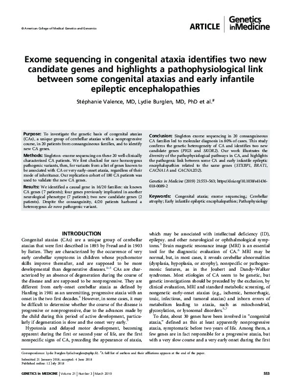 (PDF) Exome sequencing in congenital ataxia identifies two new candidate genes and highlights a ...