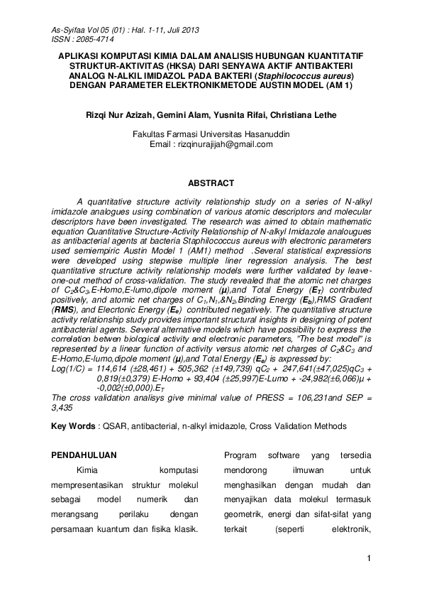 (PDF) APLIKASI KOMPUTASI KIMIA DALAM ANALISIS HUBUNGAN KUANTITATIF ...