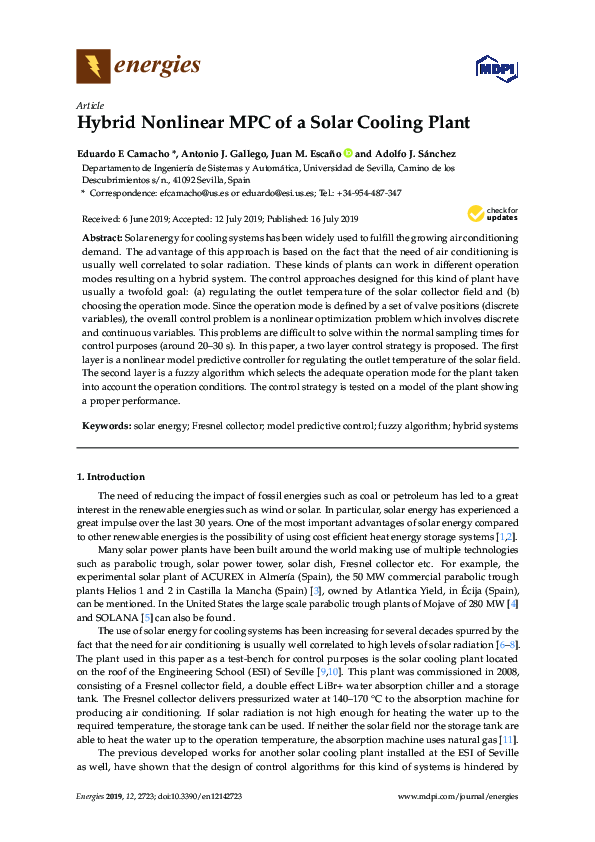 (PDF) Hybrid Nonlinear MPC of a Solar Cooling Plant | Eduardo Camacho ...