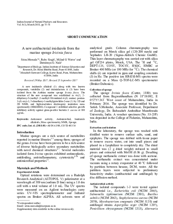 (PDF) A new antibacterial imidazole from the marine sponge Iricinia fusca