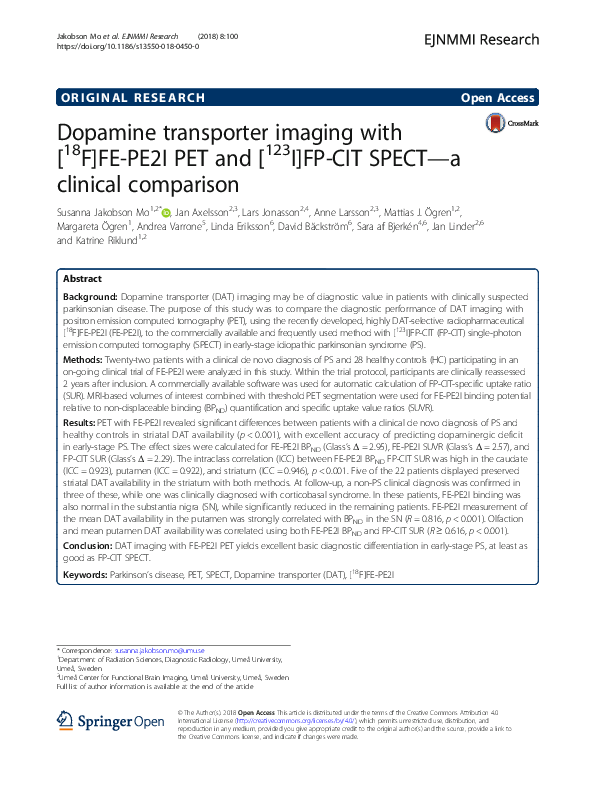 (PDF) Dopamine transporter imaging with [18F]FE-PE2I PET and [123I]FP ...