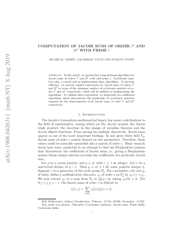 (PDF) Computation of Jacobi sums of order l2 and 2l2 with prime l