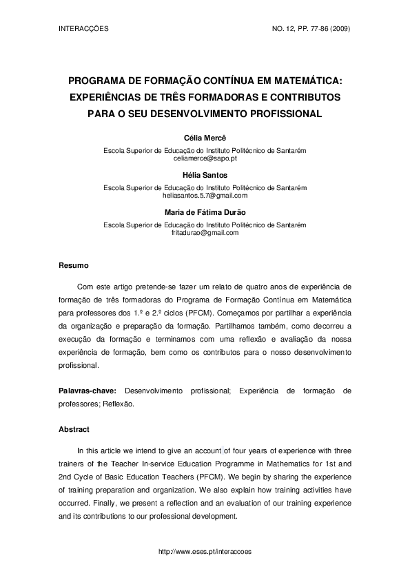 (PDF) Programa de formação contínua em matemática: experiências de três ...