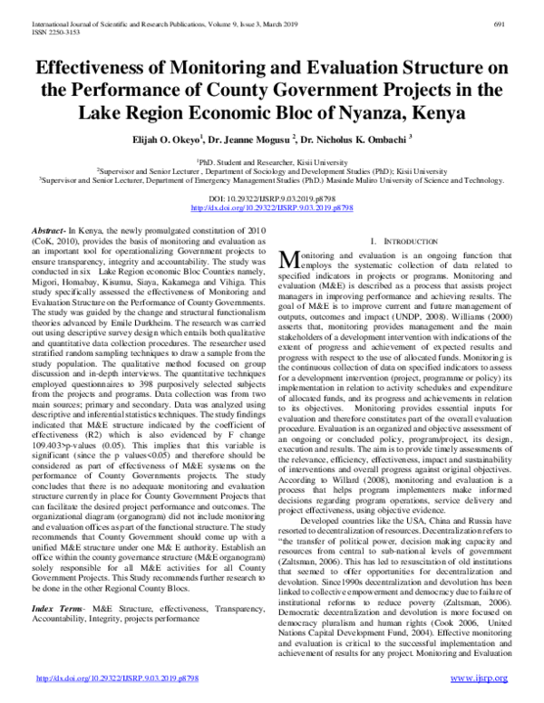 (PDF) Effectiveness of Monitoring and Evaluation Structure on the Performance of County ...