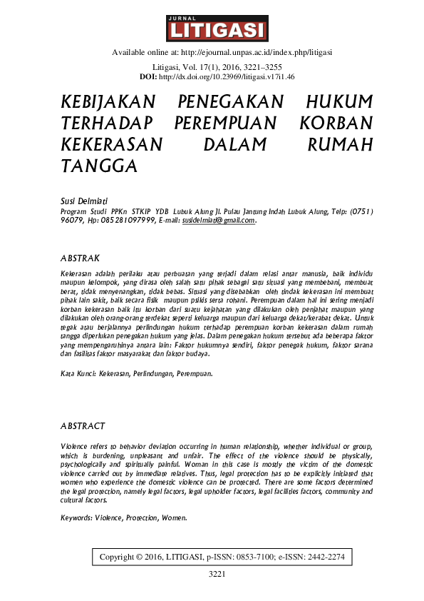 (PDF) Kebijakan Penegakan Hukum Perlindungan Terhadap Perempuan Korban Kekerasan Dalam Rumah Tangga