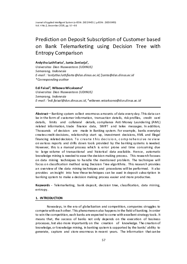 (PDF) Prediction on Deposit Subscription of Customer based on Bank Telemarketing using Decision ...