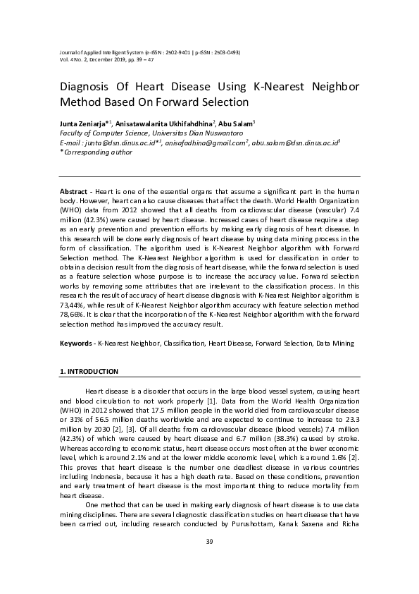 (PDF) Diagnosis Of Heart Disease Using K-Nearest Neighbor Method Based ...