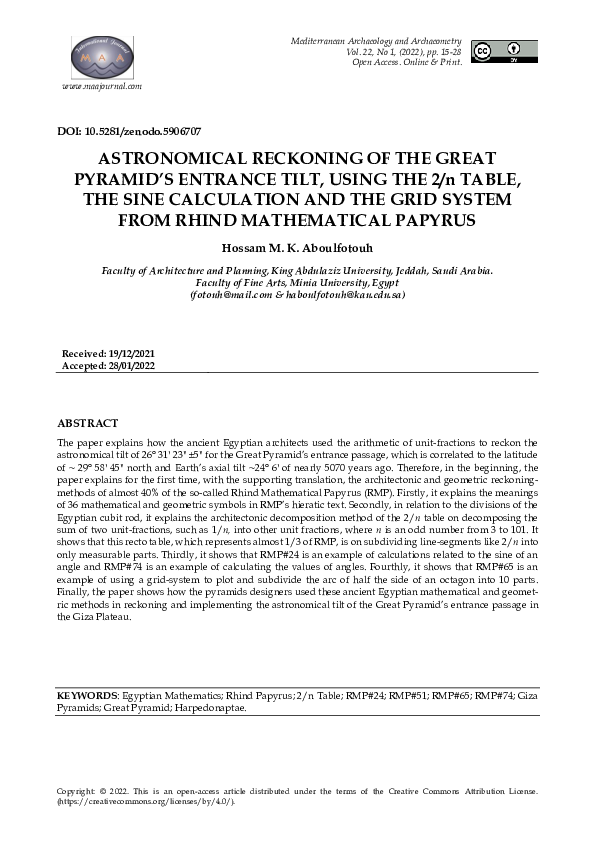 (PDF) ASTRONOMICAL RECKONING OF THE GREAT PYRAMID’S ENTRANCE TILT ...