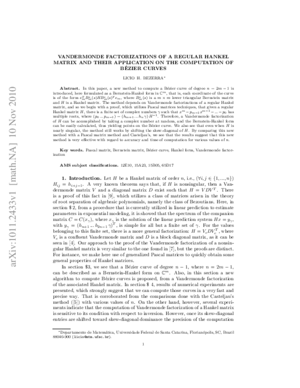 (PDF) Vandermonde Factorizations of a Regular Hankel Matrix and Their ...