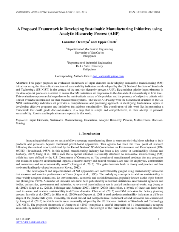 (PDF) A Proposed Framework in Developing Sustainable Manufacturing Initiatives Using Analytic ...