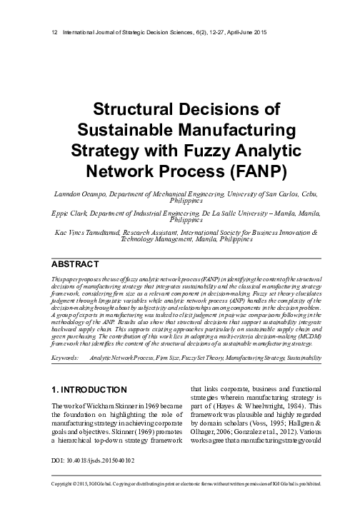 (PDF) Structural Decisions of Sustainable Manufacturing Strategy with Fuzzy Analytic Network ...