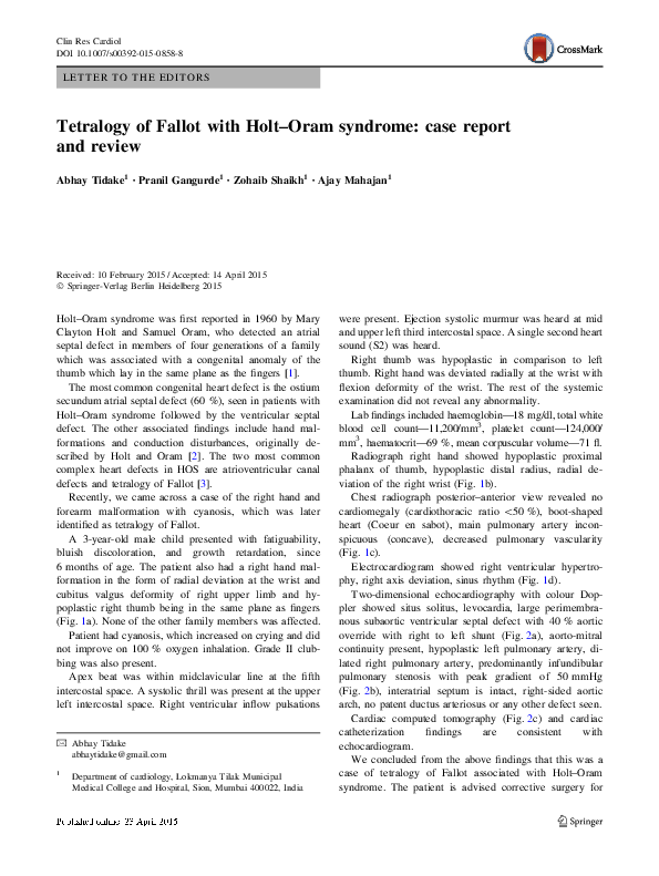 (PDF) Tetralogy of Fallot with Holt–Oram syndrome: case report and review