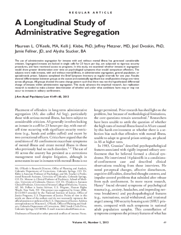 (PDF) A longitudinal study of administrative segregation | Jeffrey ...