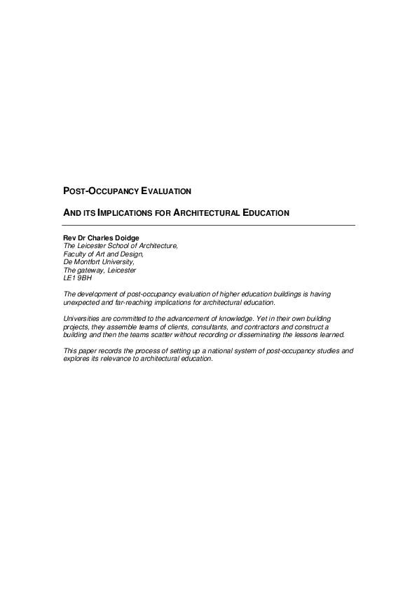 (PDF) Post-Occupancy Evaluation and Its Implications for Architectural ...