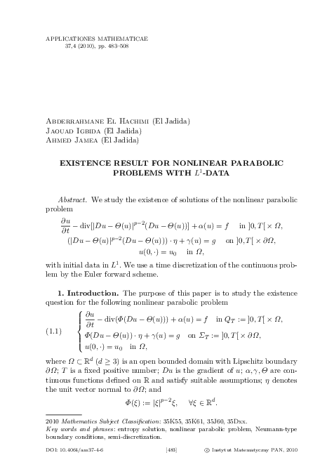 (PDF) Existence result for nonlinear parabolic problems with L 1 -data