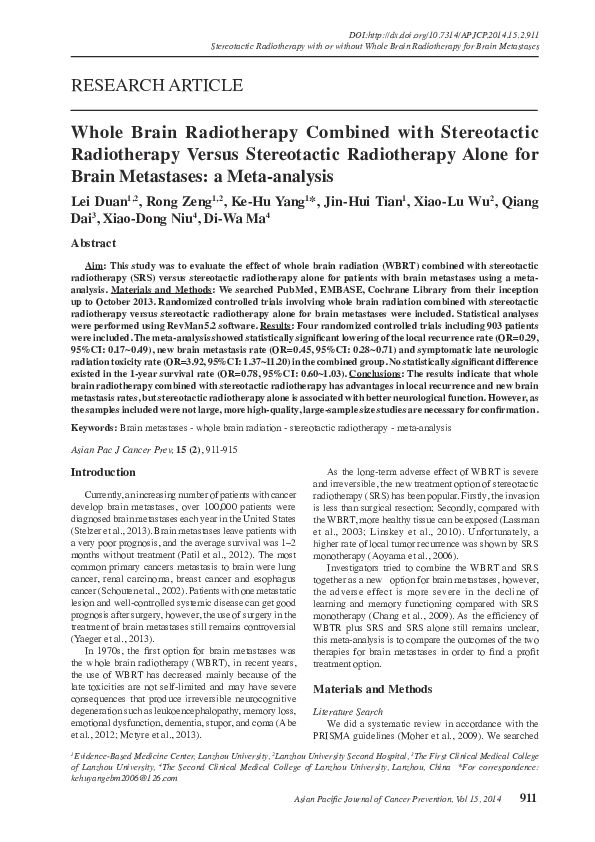 (PDF) Whole Brain Radiotherapy Combined with Stereotactic Radiosurgery versus Stereotactic ...
