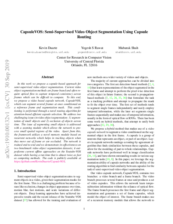 (PDF) CapsuleVOS: Semi-Supervised Video Object Segmentation Using Capsule Routing