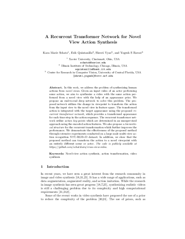 Pdf A Recurrent Transformer Network For Novel View Action Synthesis