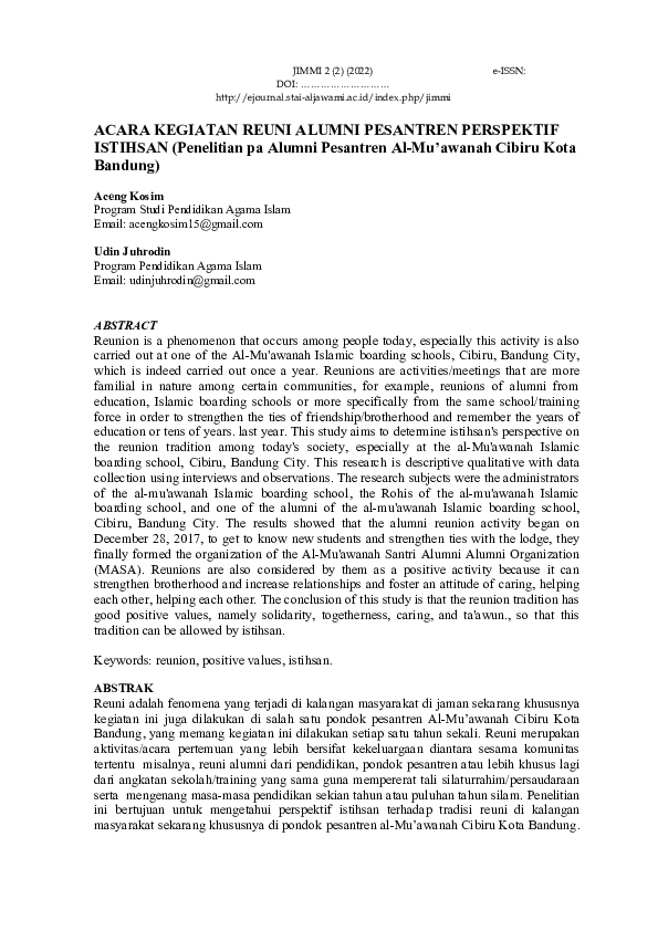 (DOC) ACARA KEGIATAN REUNI ALUMNI PESANTREN PRESPEKTIF ISTIHSAN