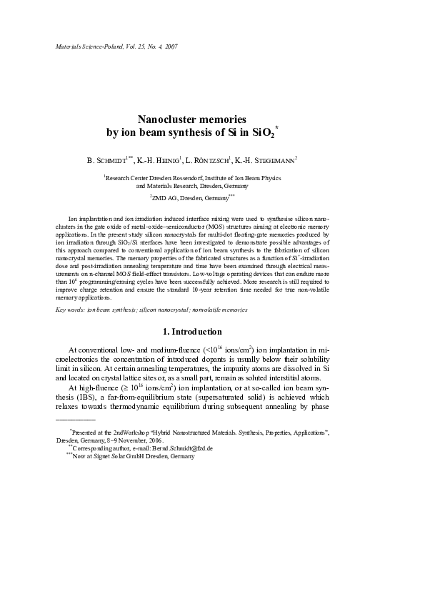(PDF) Nanocluster memories by ion beam synthesis of Si in SiO 2 | Karl ...