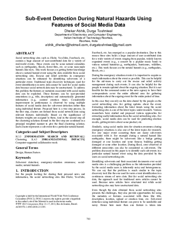 (PDF) Sub-event detection during natural hazards using features of social media data