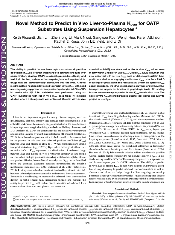 (PDF) Novel Method to Predict In Vivo Liver-to-Plasma Kpuu for OATP ...