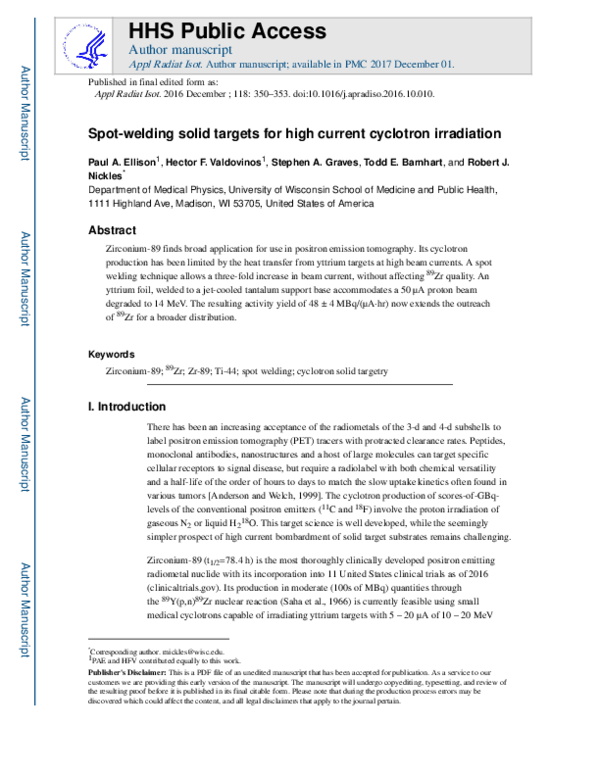 (PDF) Spot-welding solid targets for high current cyclotron irradiation