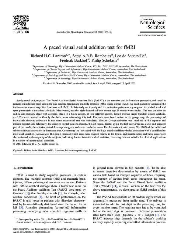 (PDF) A paced visual serial addition test for fMRI