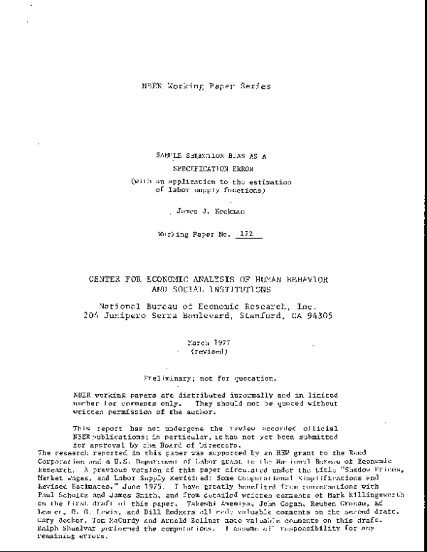 Pdf Sample Selection Bias As A Specification Error With An Application To The Estimation Of