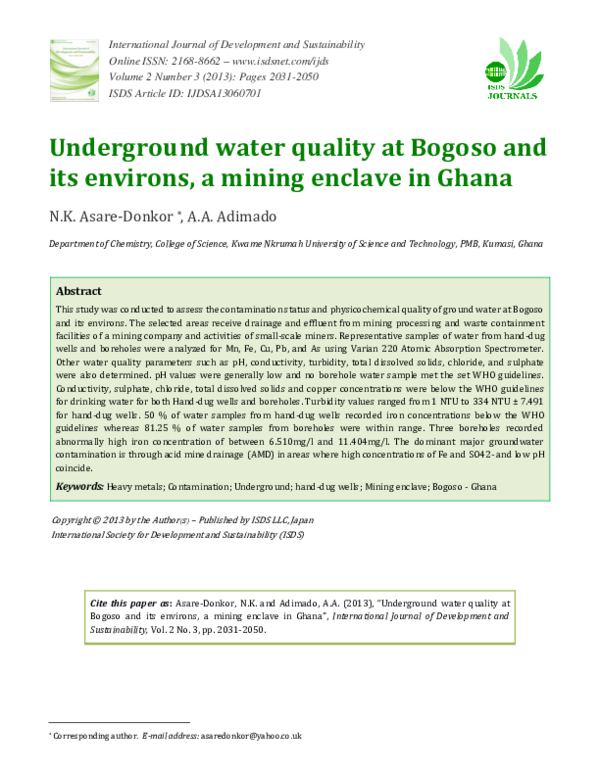 (PDF) Underground water quality at Bogoso and its environs, a mining ...