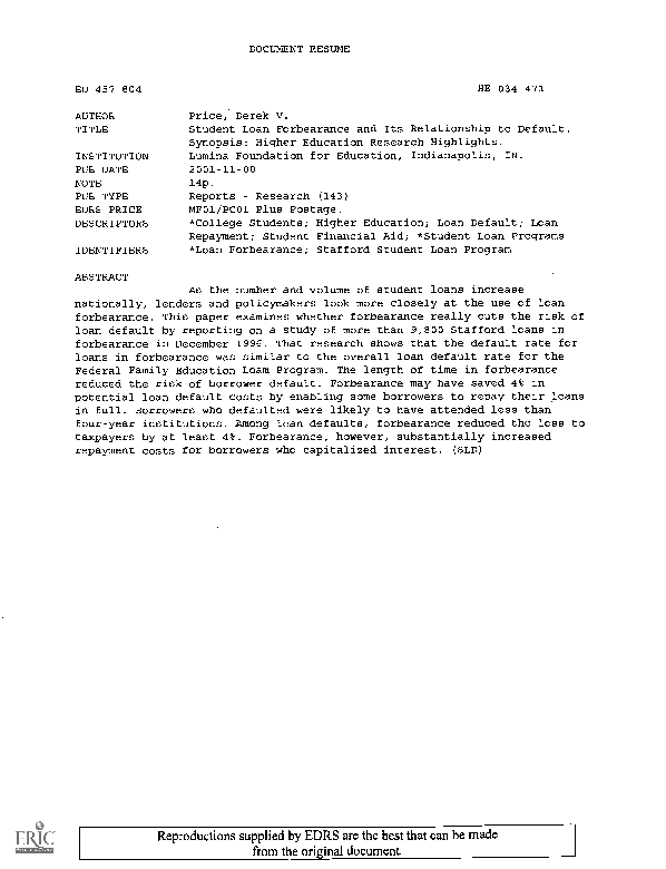 (PDF) Student Loan Forbearance and Its Relationship to Default