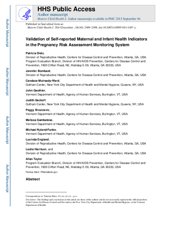(PDF) Validation of Self-reported Maternal and Infant Health Indicators ...