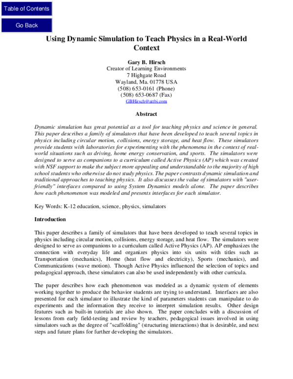 (PDF) Using Dynamic Simulation to Teach Physics in a Real-World Context