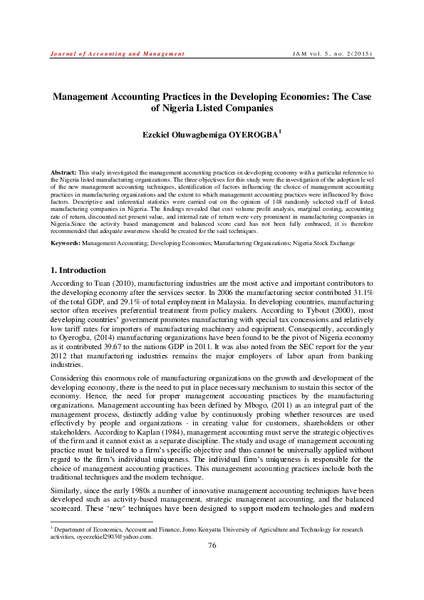 (PDF) Management Accounting Practices in the Developing Economies: The Case of Nigeria Listed ...