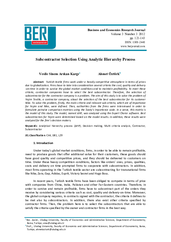 (PDF) Subcontractor Selection Using Analytic Hierarchy Process