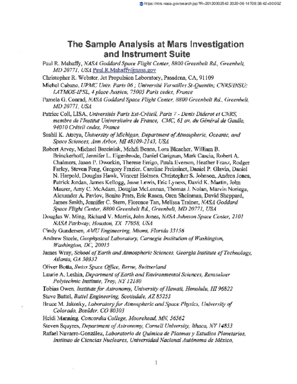 (PDF) The Sample Analysis at Mars Investigation and Instrument Suite