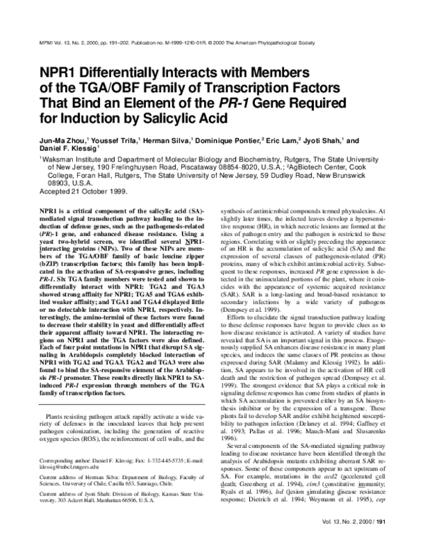 (PDF) NPR1 Differentially Interacts With Members of the TGA/OBF Family ...