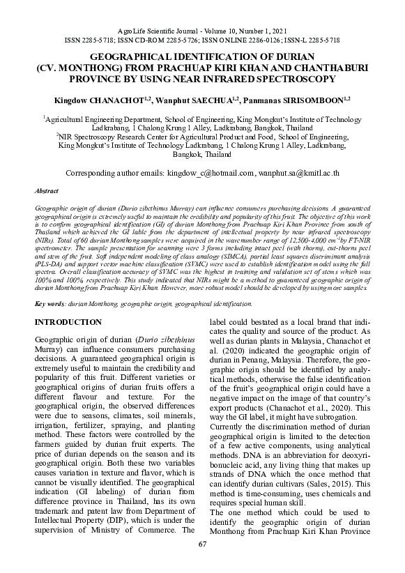 (PDF) Geographical Identification of Durian (CV. Monthong) from ...