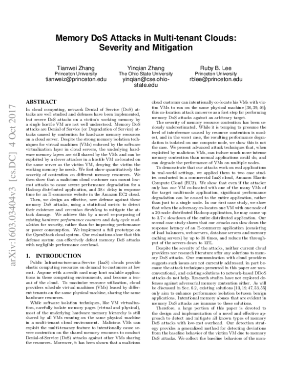 (PDF) Memory DoS Attacks in Multi-tenant Clouds: Severity and Mitigation