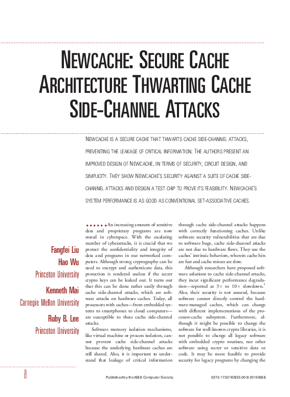 (PDF) Newcache: Secure Cache Architecture Thwarting Cache Side-Channel Attacks