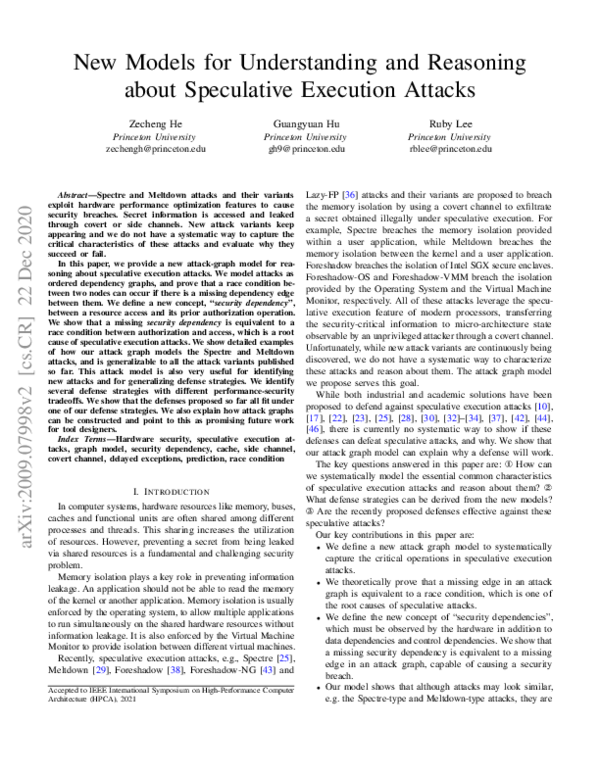 Pdf New Models For Understanding And Reasoning About Speculative Execution Attacks