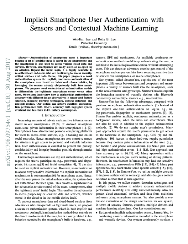Pdf Implicit Smartphone User Authentication With Sensors And Contextual Machine Learning