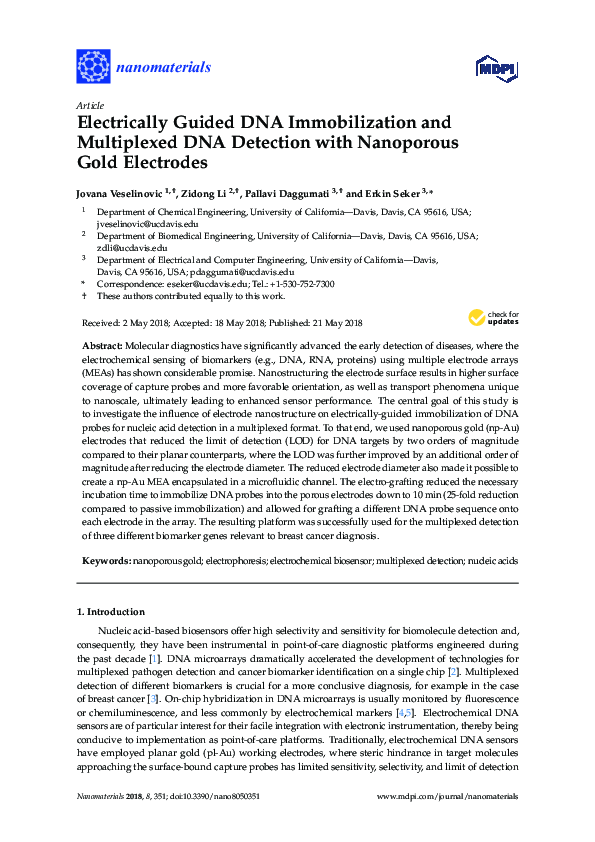 (PDF) Electrically Guided DNA Immobilization and Multiplexed DNA Detection with Nanoporous Gold ...