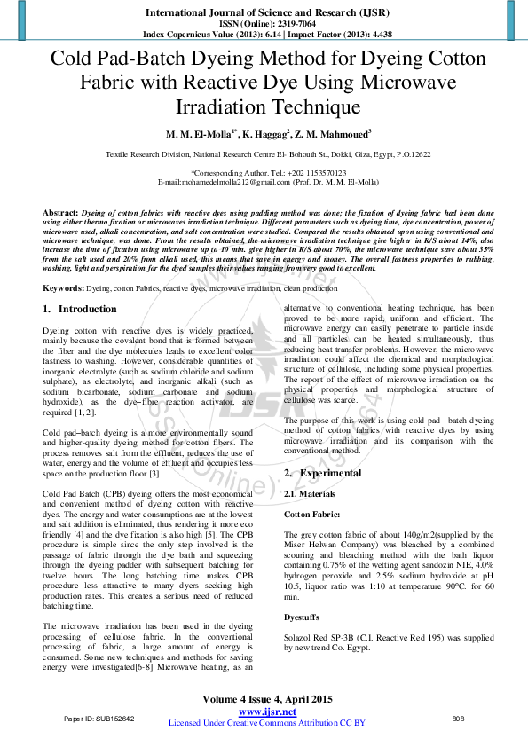 (PDF) Cold Pad-Batch Dyeing Method for Dyeing Cotton Fabric with ...