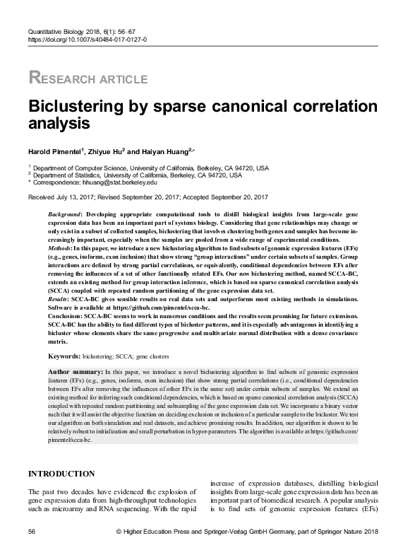 (PDF) Biclustering by sparse canonical correlation analysis | Haiyan Huang - Academia.edu
