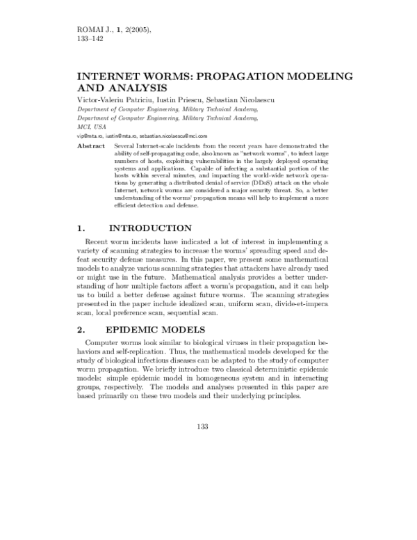 (PDF) Internet Worms: Propagation Modeling and Analysis