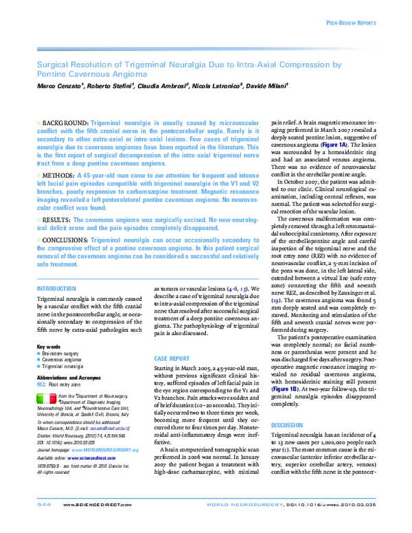 (PDF) Surgical Resolution of Trigeminal Neuralgia Due to Intra-Axial ...