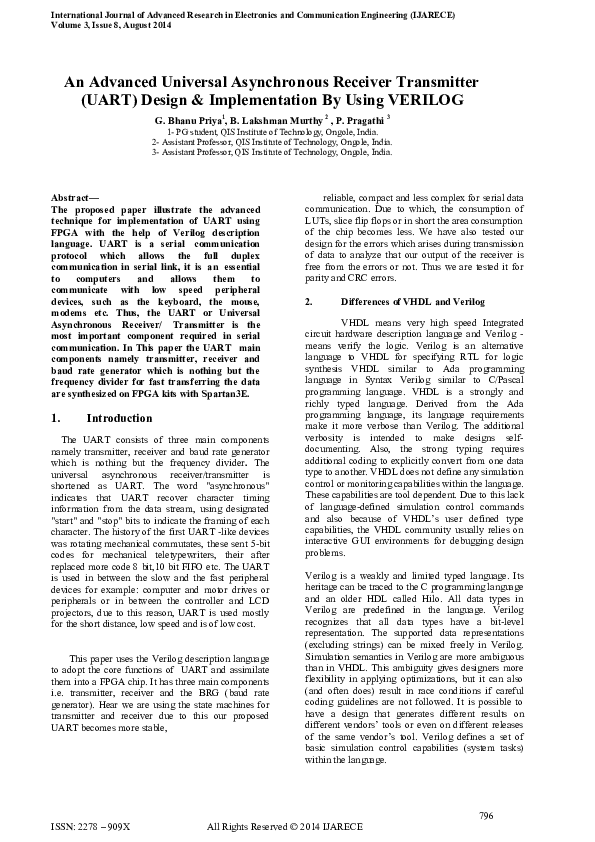 Pdf An Advanced Universal Asynchronous Receiver Transmitter Uart Design And Implementation By